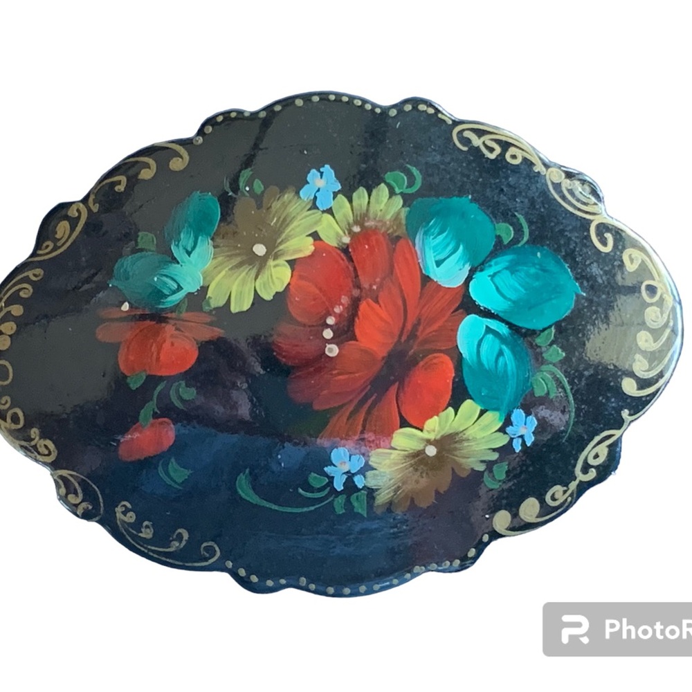 Antique Hand Painted Russian Folk Art Brooch - Gem